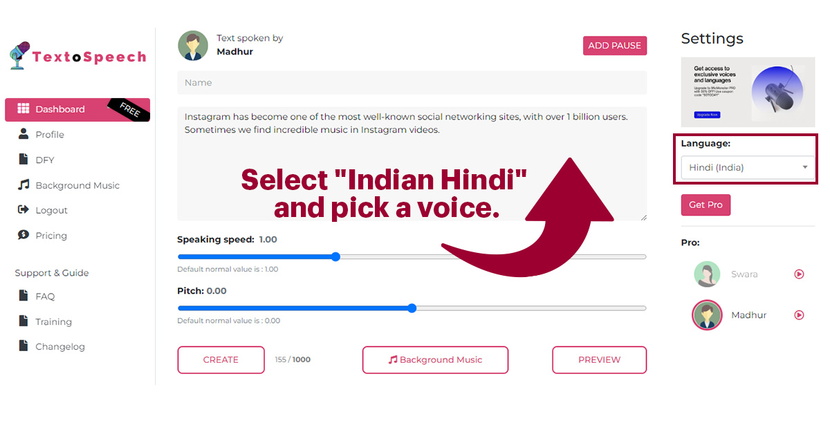 How to convert voiceovers in Hindi text to speech?